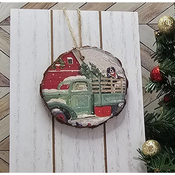Epic Farms | Holiday | Classic Green Truck Farm Scene Dog Wooden Disk ...